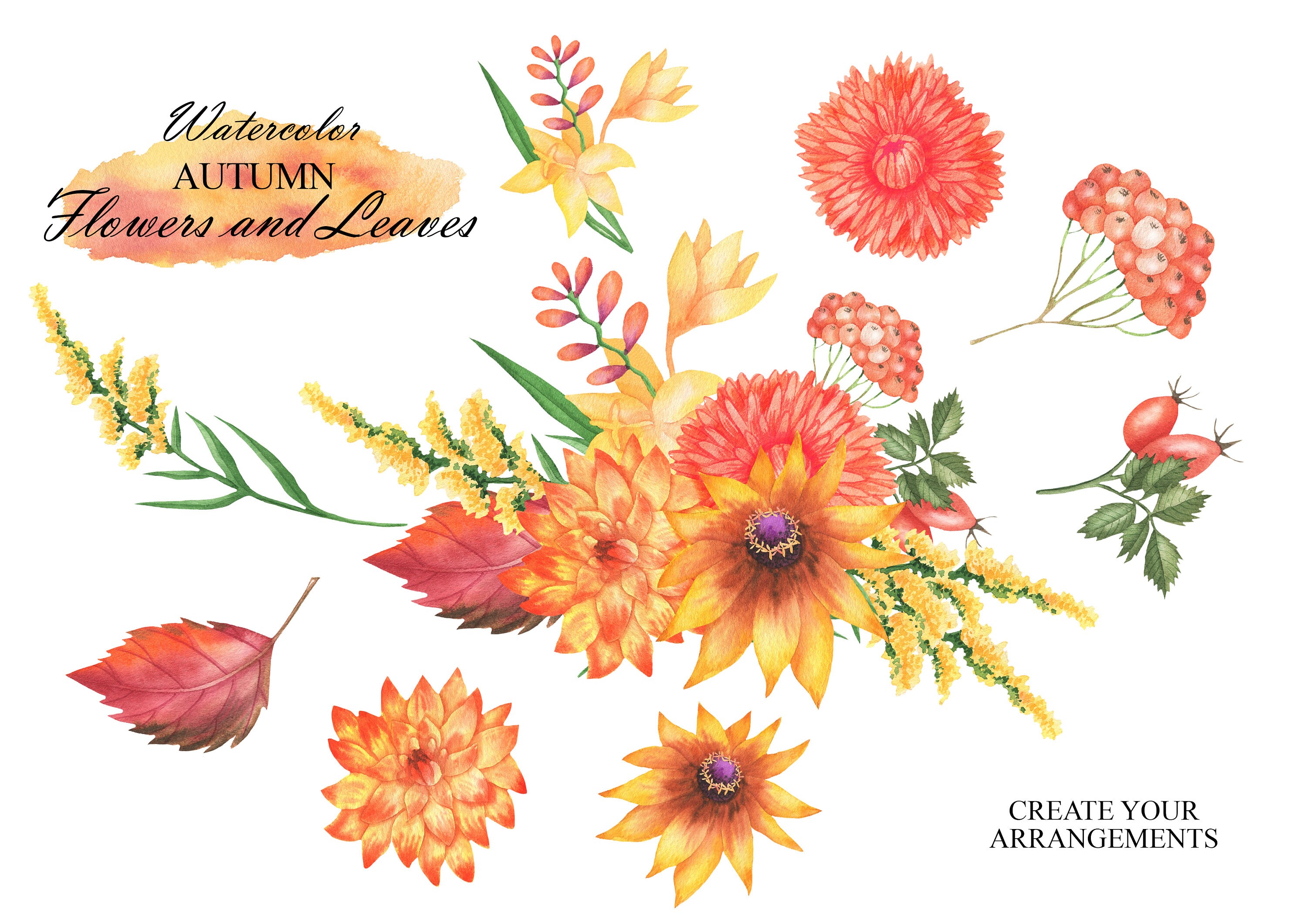 Watercolor Autumn Floral Clipart, Fall Flowers, Leaves (PNG) - Etsy