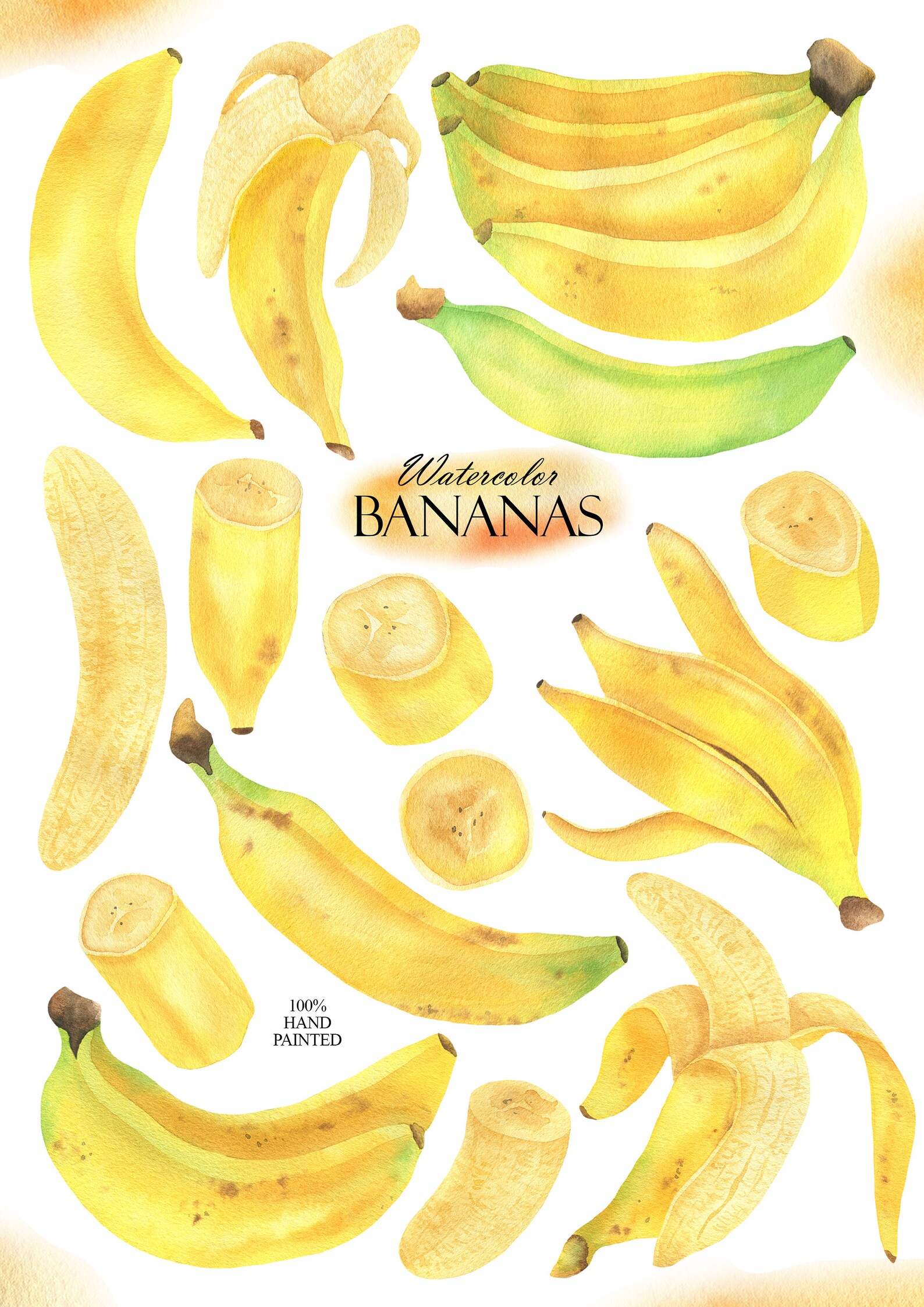 Watercolor Banana Clipart, Fresh Banana Slices, Yellow Banana Tropical ...