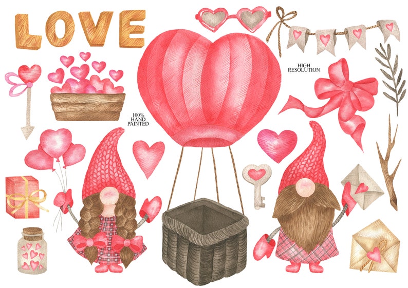 Valentine Day Gnomes Clipart, Watercolor Scandinavian Gnomes and Red ...