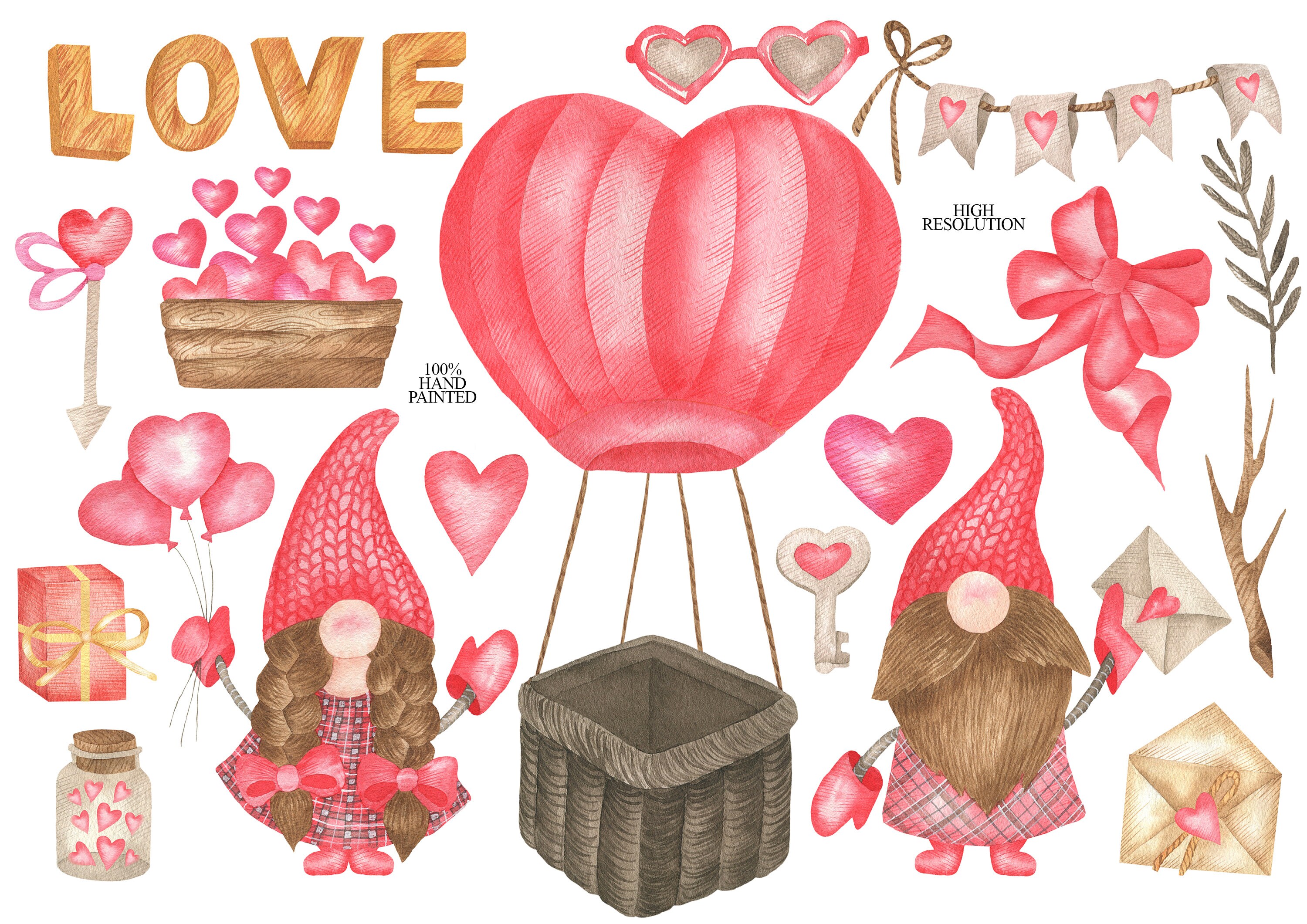 Valentine Day Gnomes Clipart, Watercolor Scandinavian Gnomes and Red ...