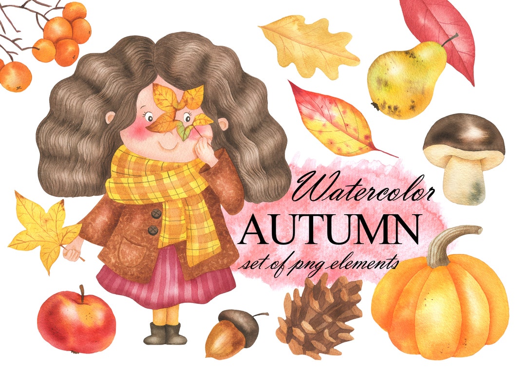 Watercolor Autumn Clipart Set, Fall Girl, Leaves, Acorn (instant ...