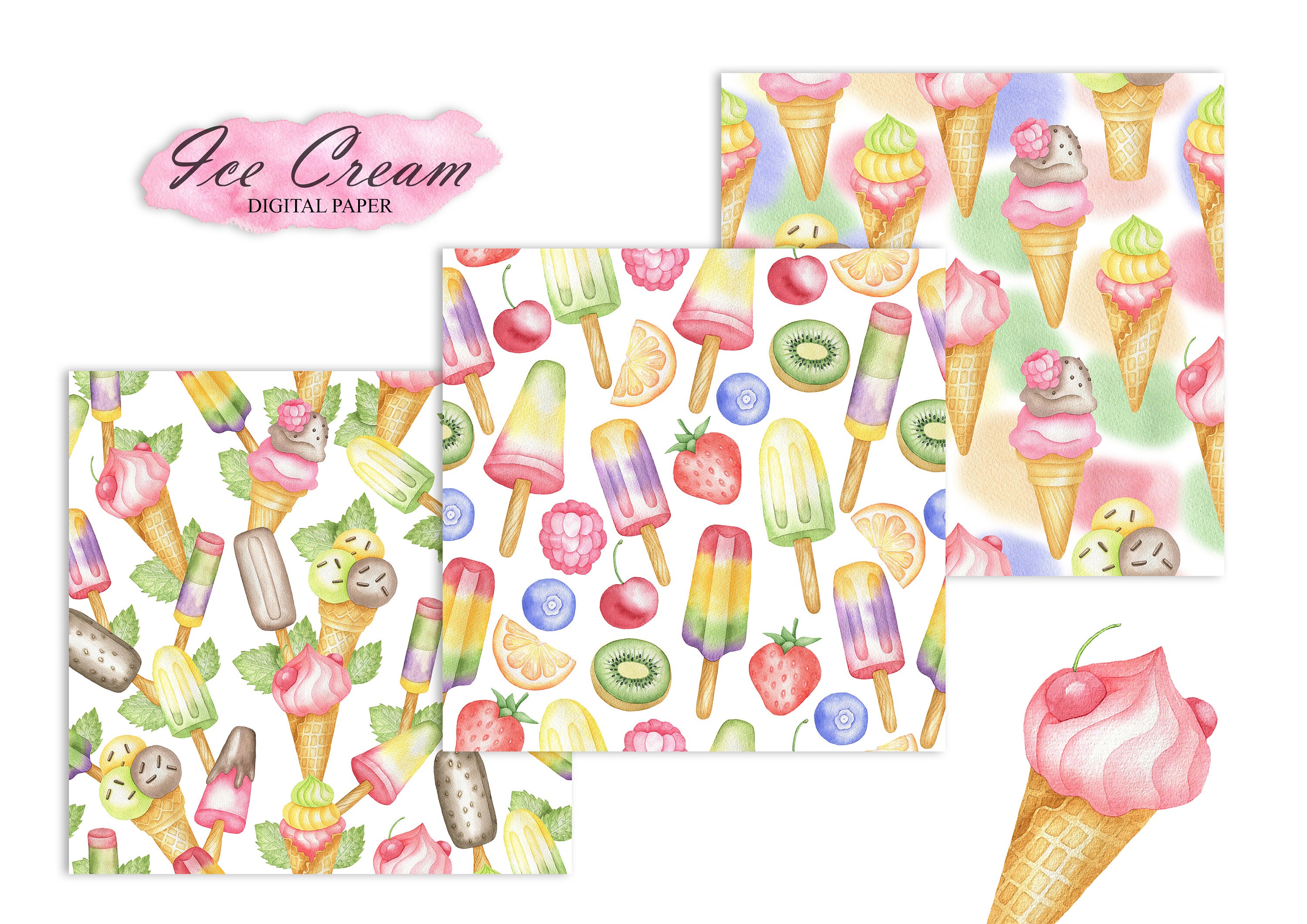Watercolor Ice Cream Digital Paper, Seamless Paper Pack, Summer Paper ...
