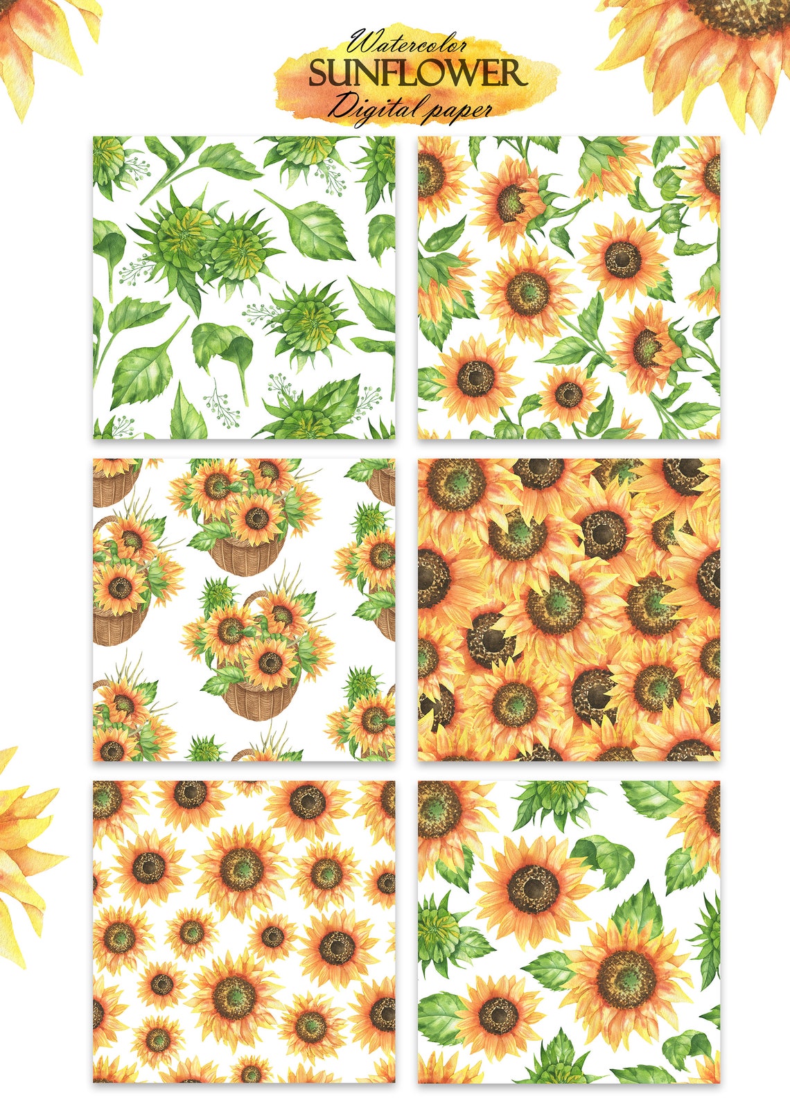 Watercolor Sunflowers Digital Paper Pack, Seamless Patterns, Textile ...