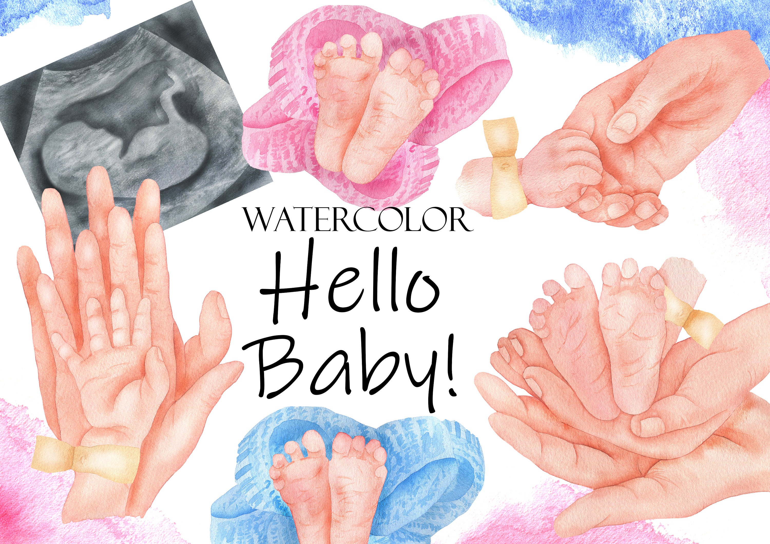 Watercolor Newborn Clipart, Baby Foot and Hand Clip Art, Mother and ...