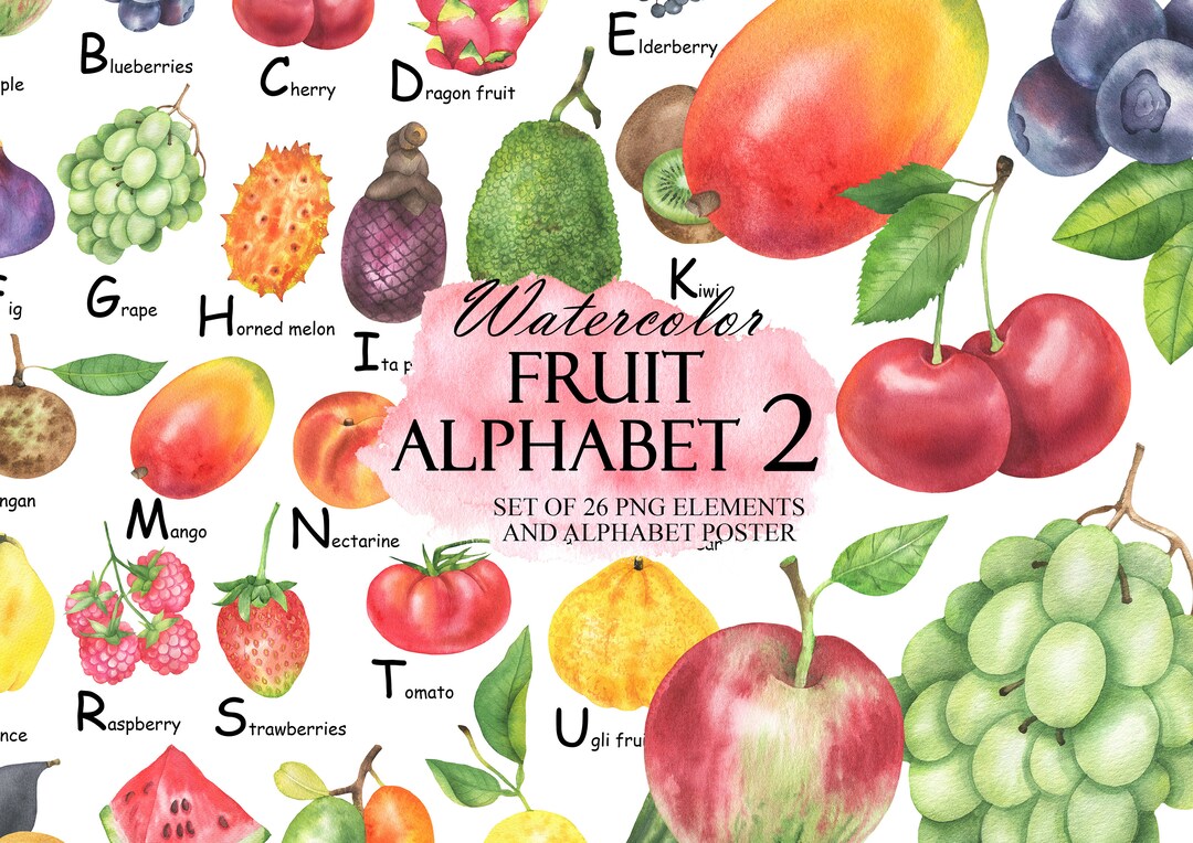 Watercolor Fruit Alphabet Clipart 2, Fruits ABC, Alphabet Poster ...