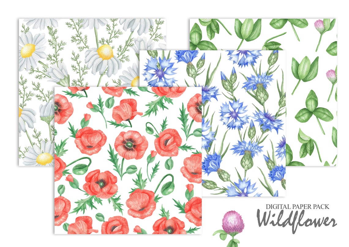 Wildflower Floral Digital Paper Pack, Watercolor Seamless Patterns of ...