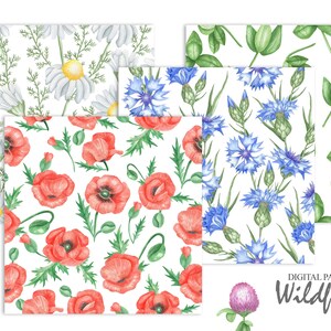 Wildflower Floral Digital Paper Pack, Watercolor Seamless Patterns of ...