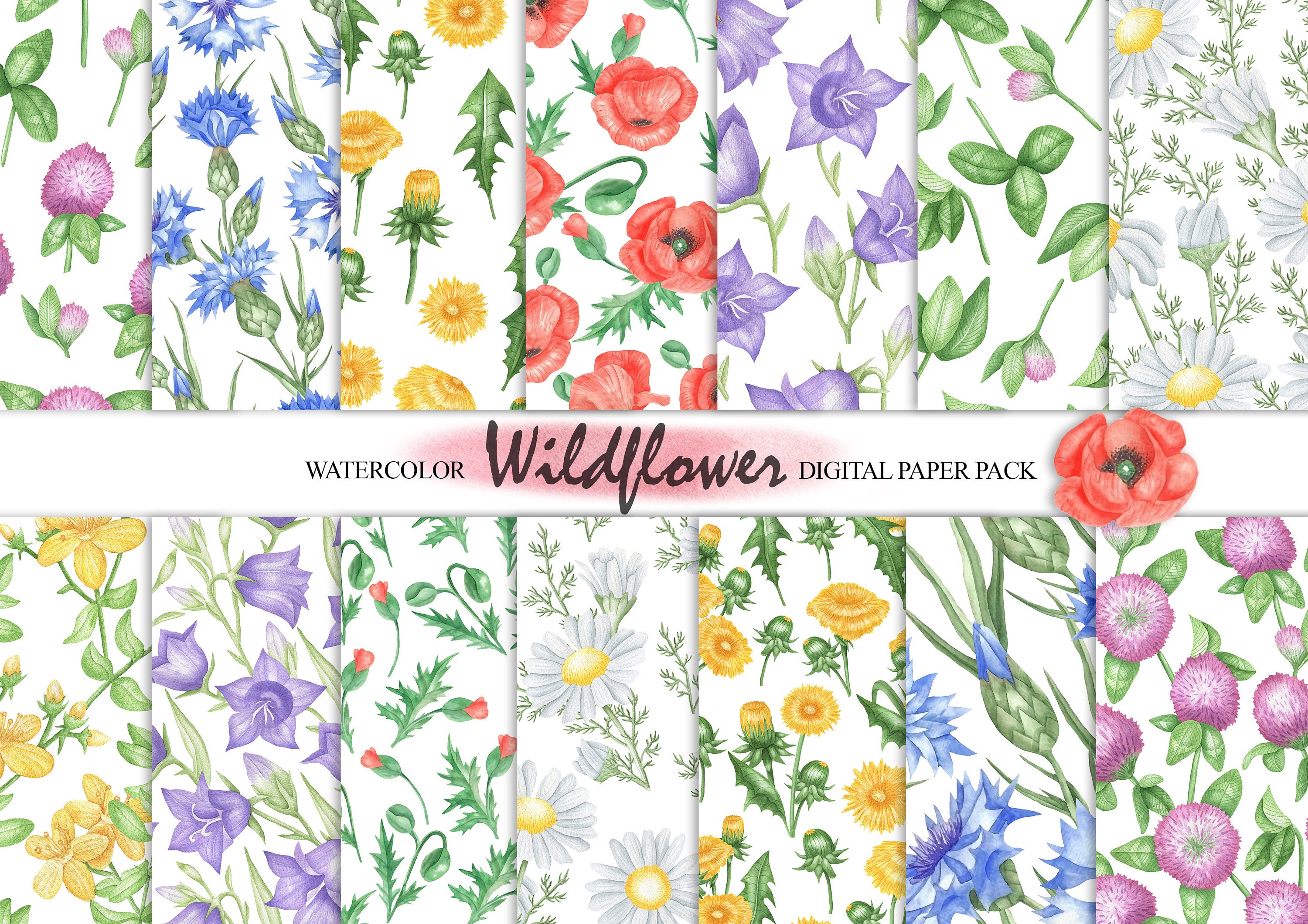 Wildflower Floral Digital Paper Pack, Watercolor Seamless Patterns of ...