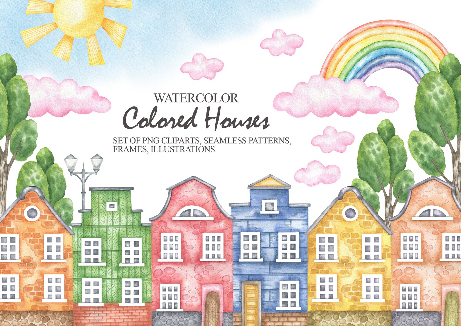 Watercolor Houses Clipart, Colorful Buildings, Urban Town (digital ...