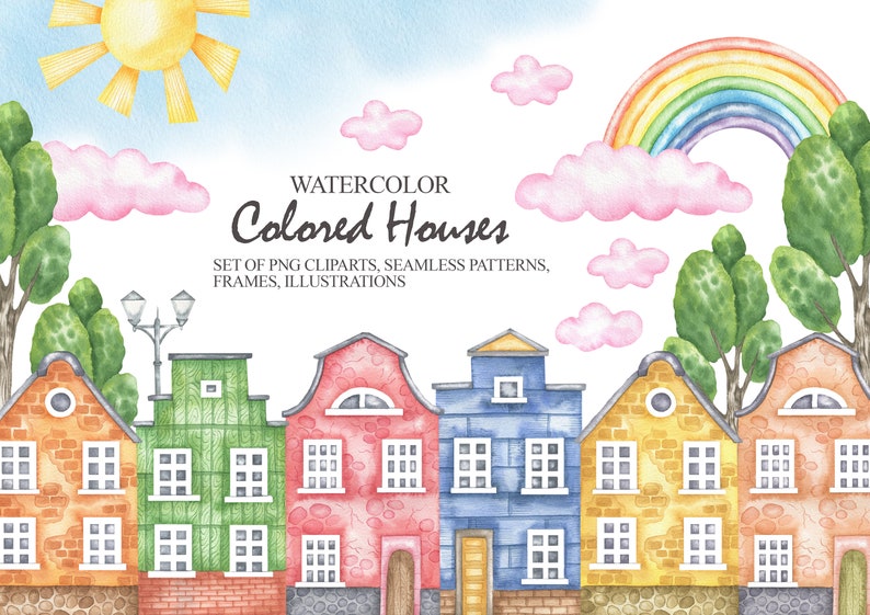 Watercolor Houses Clipart Home Clip Art Colorful Buildings - Etsy