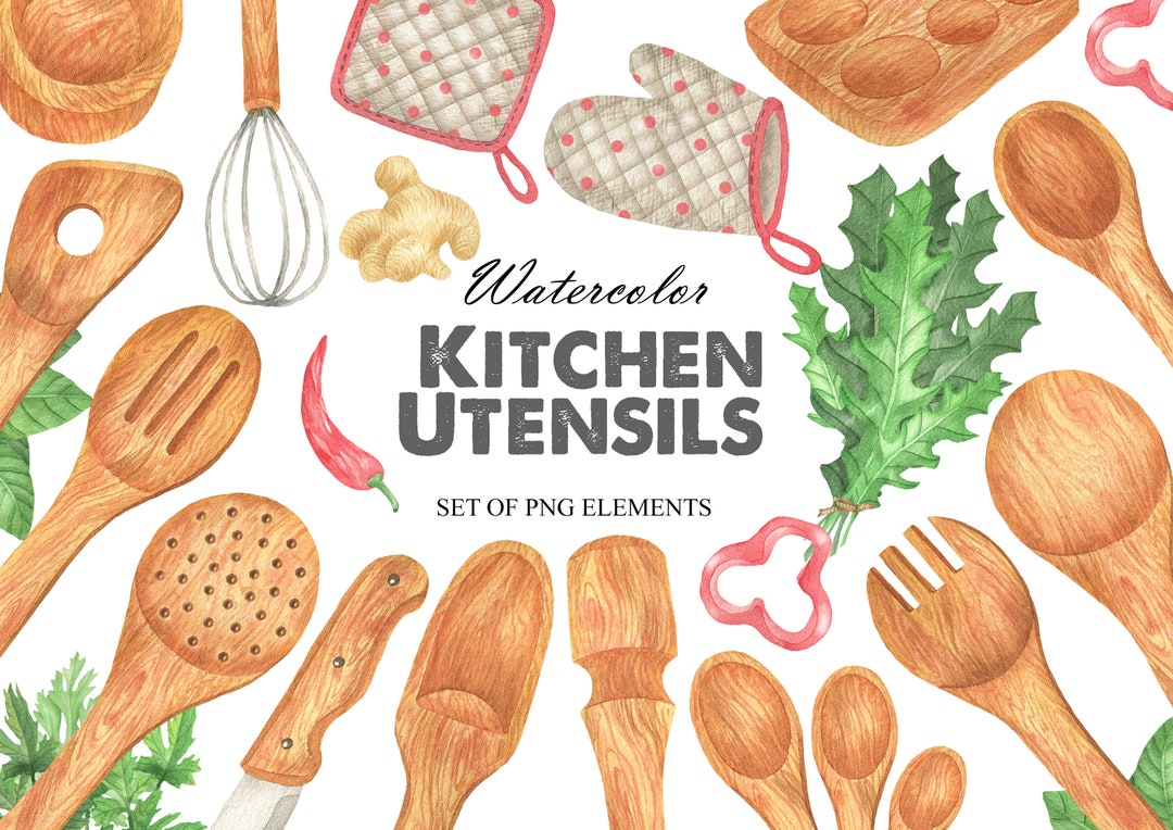 Kitchen Utensils Watercolor Clipart, Kitchen Wood Tools, Herbs and ...