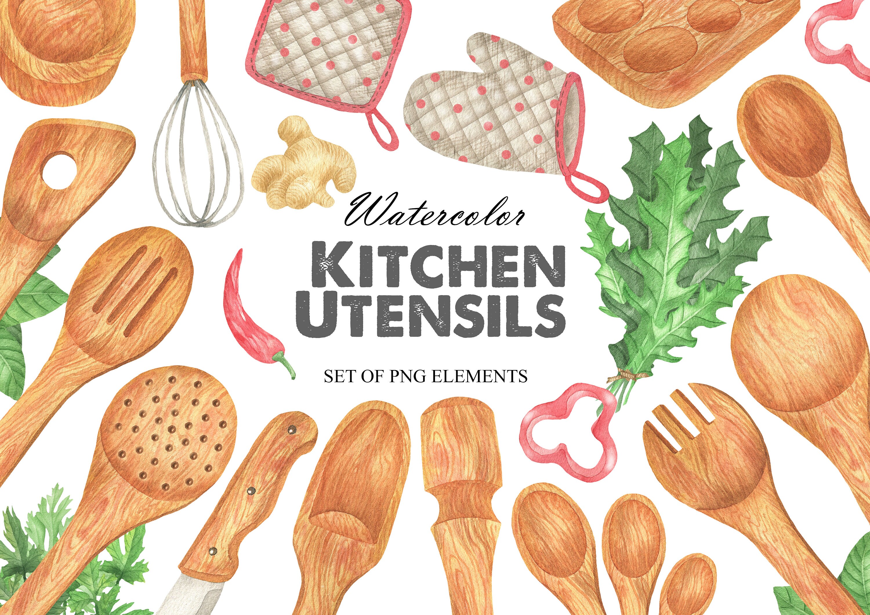 Kitchen Utensils Watercolor Clipart, Kitchen Wood Tools, Herbs and ...