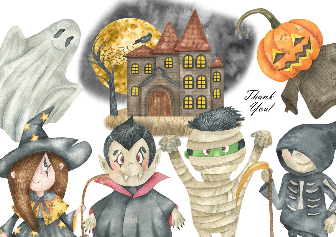Watercolor Halloween Characters Clipart, Halloween Zombie, Witch ...