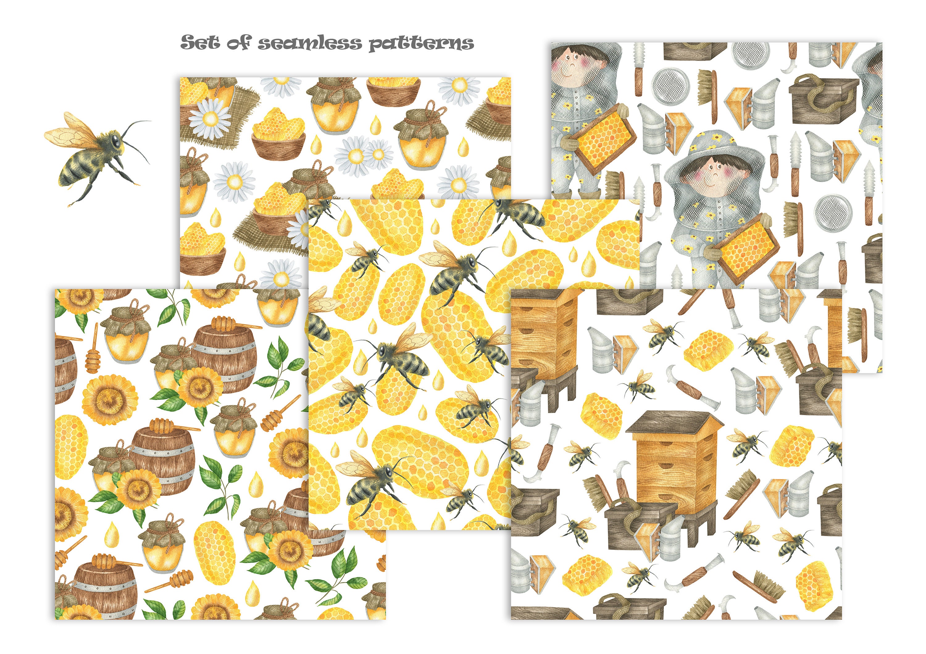 Watercolor Honey Bee Clipart, Honeycomb, Beehive, Beekeeper's Tools ...