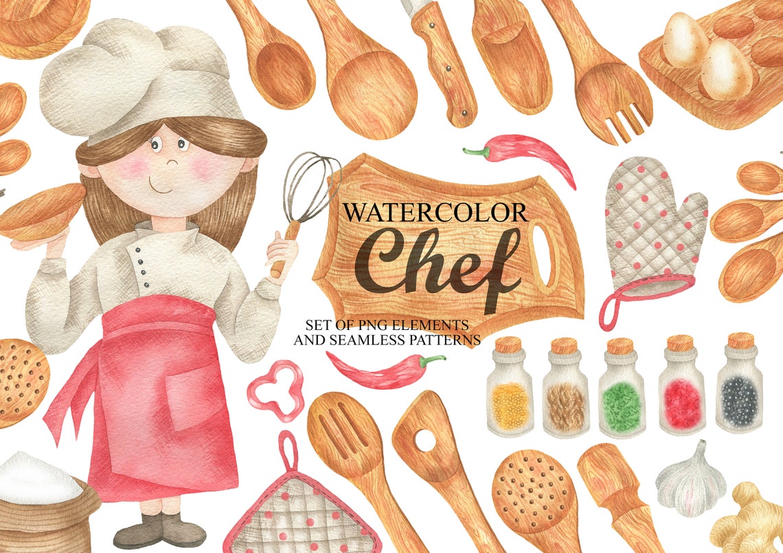 Kitchen Utensils and Chef Watercolor Clipart, Kitchen Wood Tools, Herbs ...