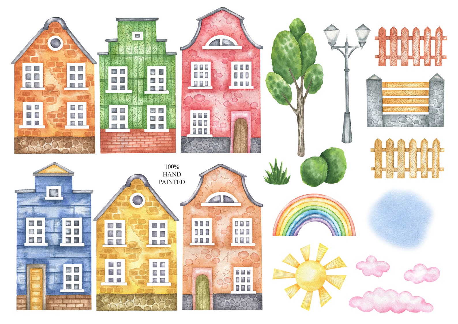 Watercolor Houses Clipart, Colorful Buildings, Urban Town (digital ...