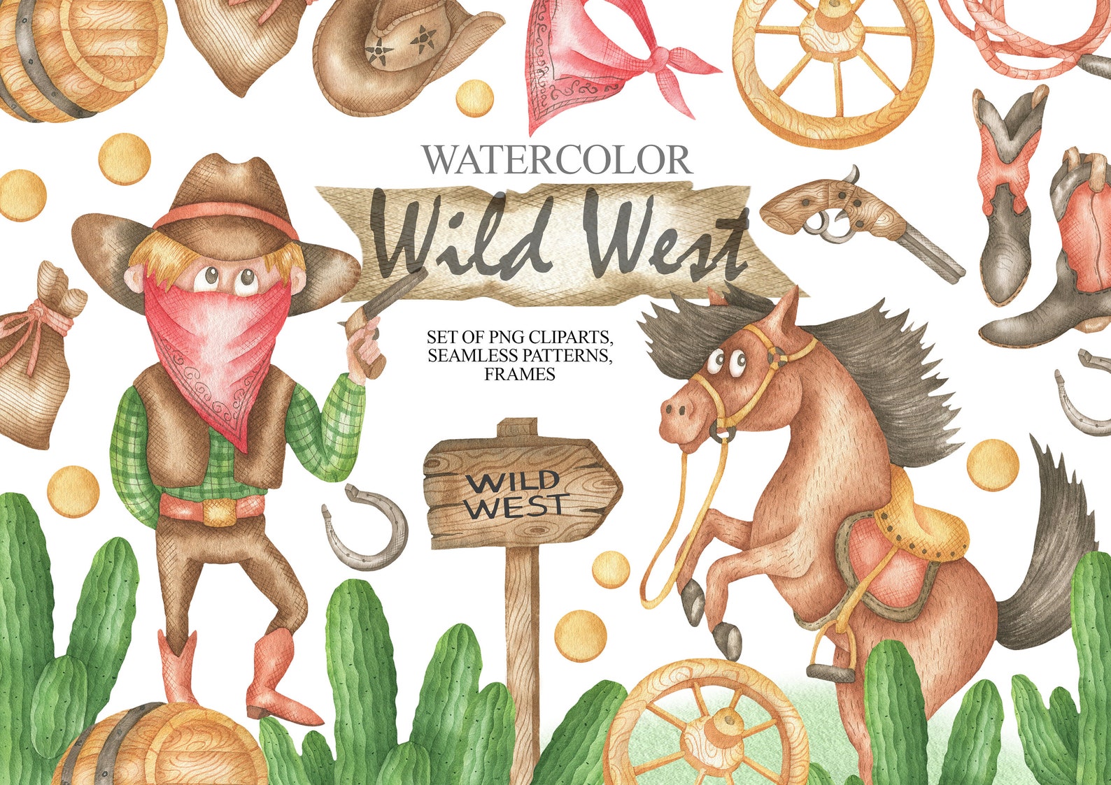 Watercolor Western Clipart, Cowboy Clip Art, Wild West Horse, Bandana ...