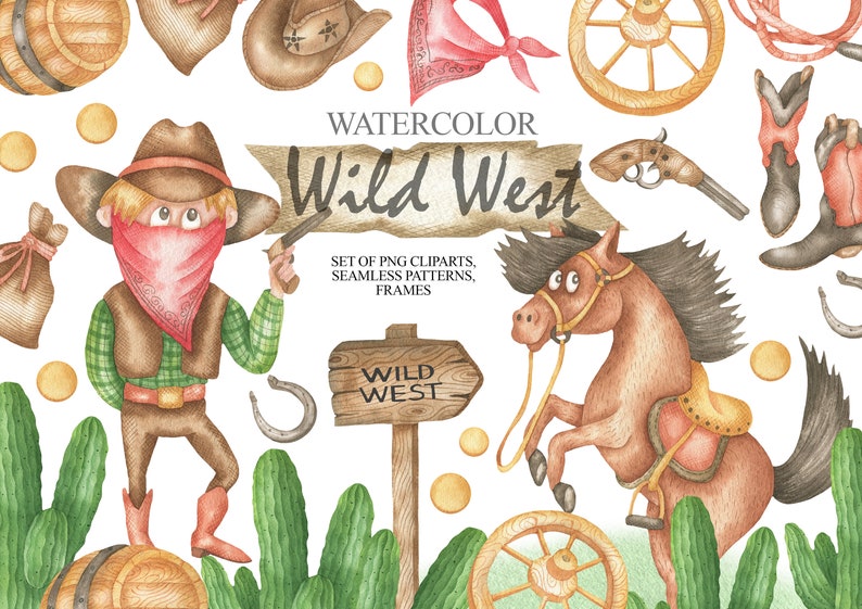 Watercolor Western Clipart, Cowboy Clip Art, Wild West Horse, Bandana ...