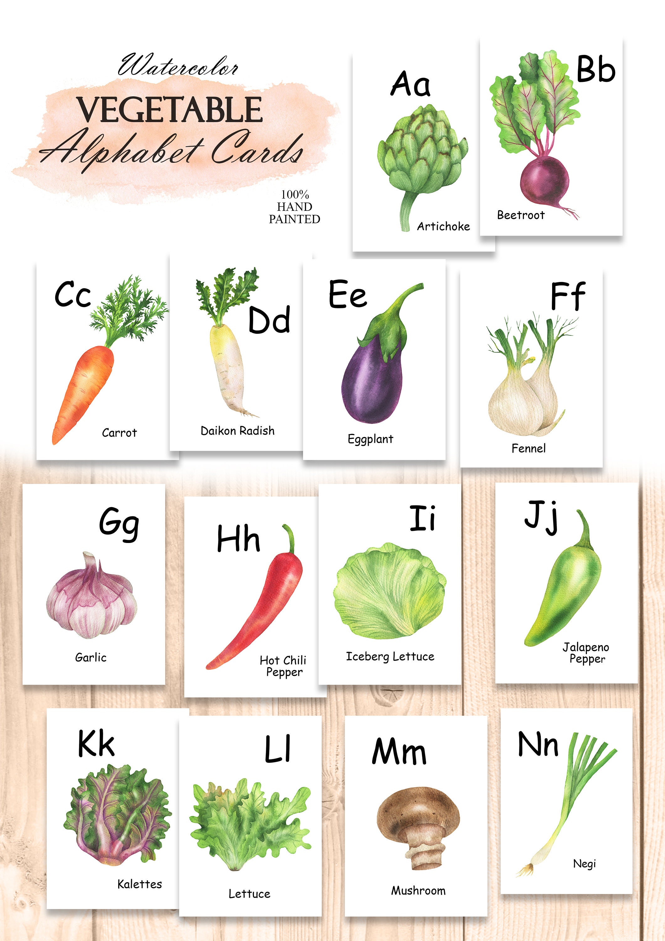 Watercolor Vegetable Alphabet ABC Card, Learning Letters, Printable ...