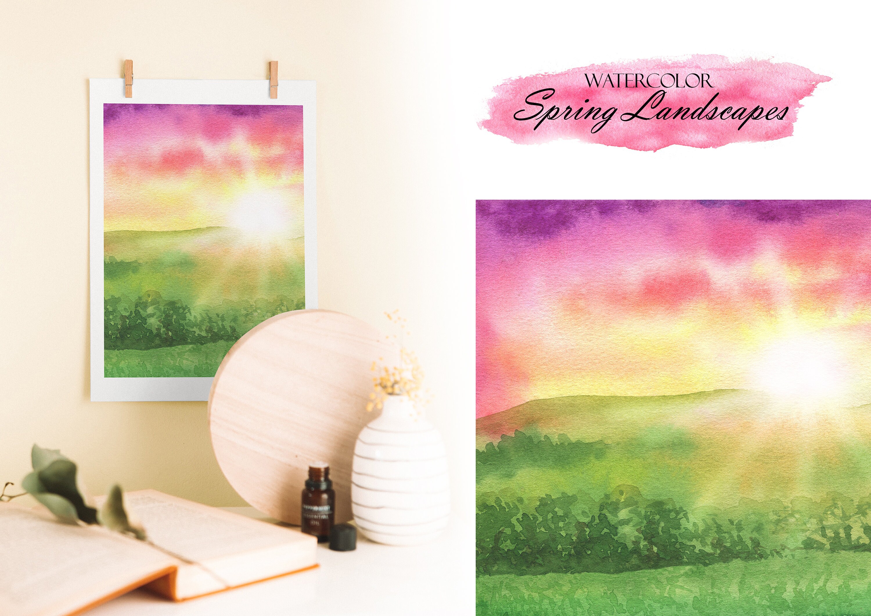 Watercolor Spring Summer Landscape Clipart, Spring Mountains Clip Art ...