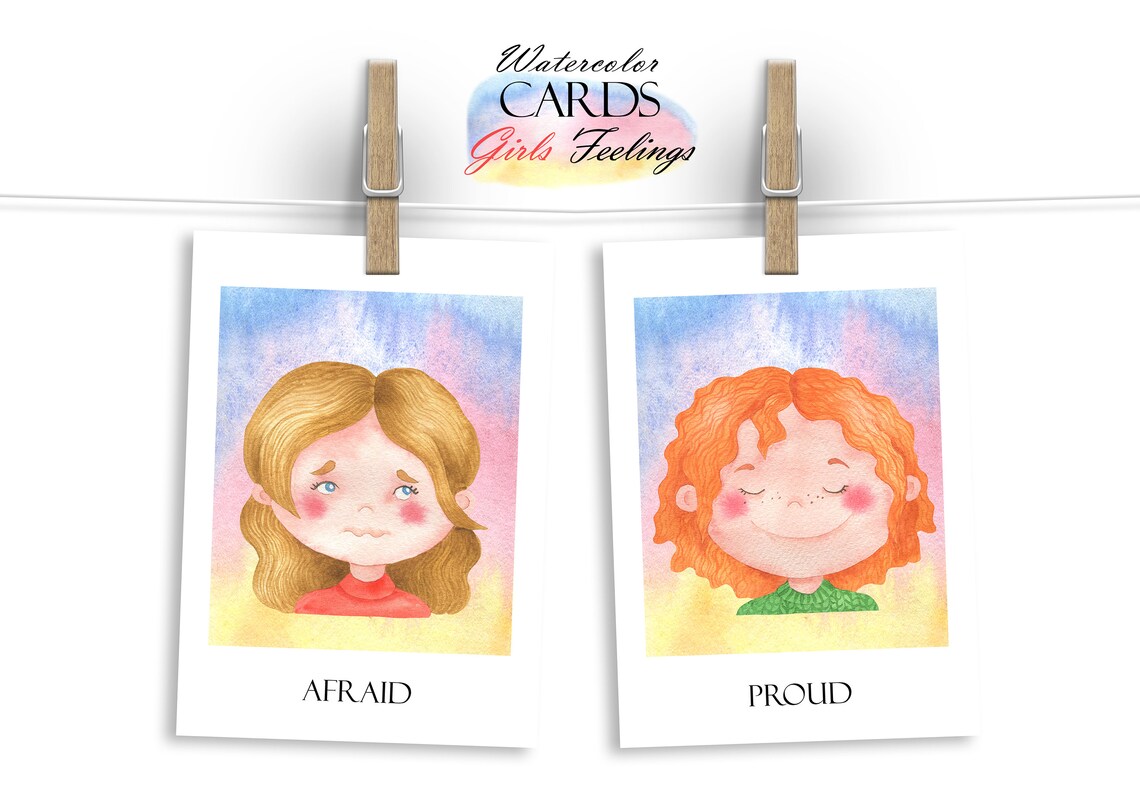Watercolor Feelings Flash Cards, Girls Emotions Cards, Montessori ...