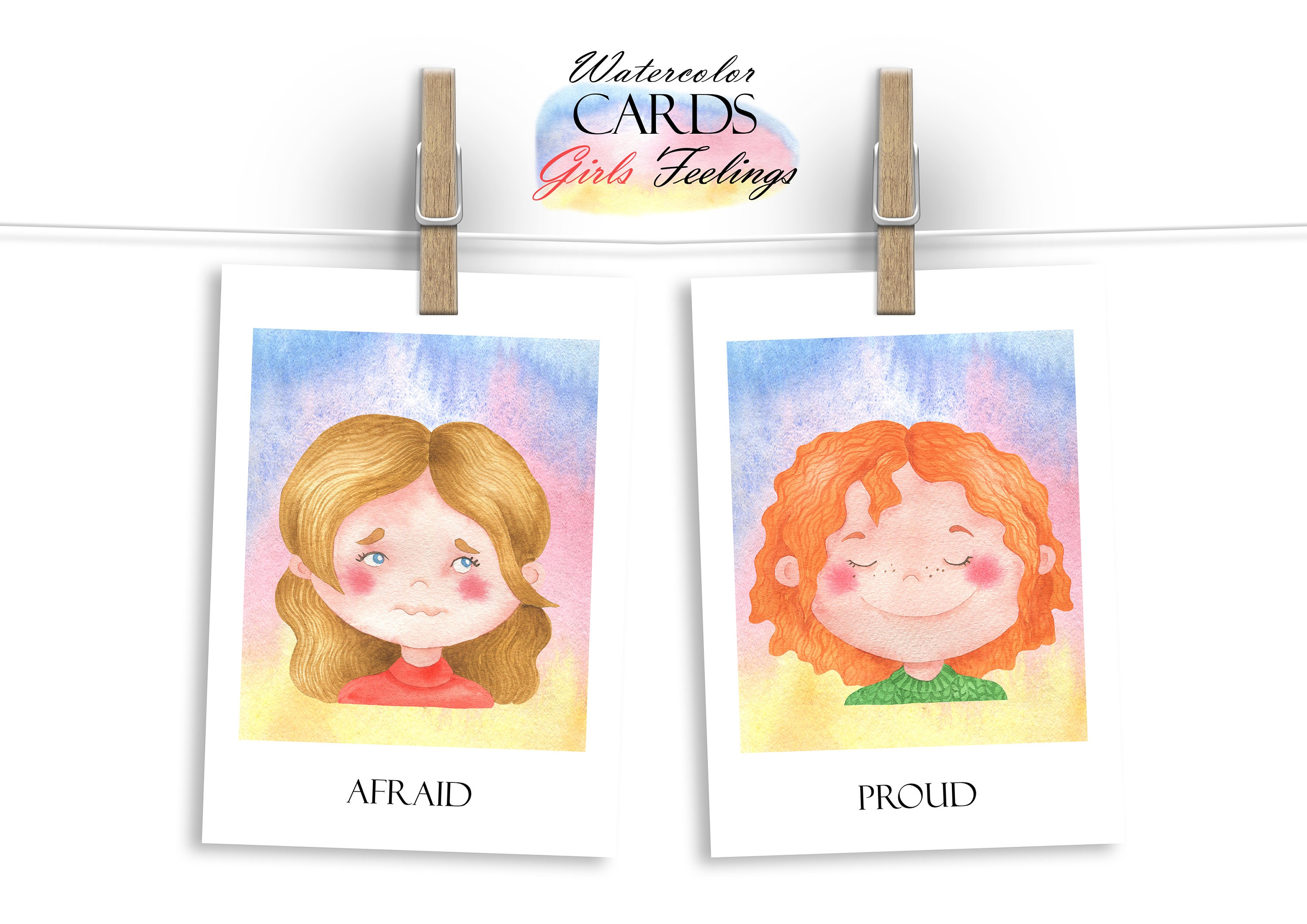 Watercolor Feelings Flash Cards, Girls Emotions Cards, Montessori ...