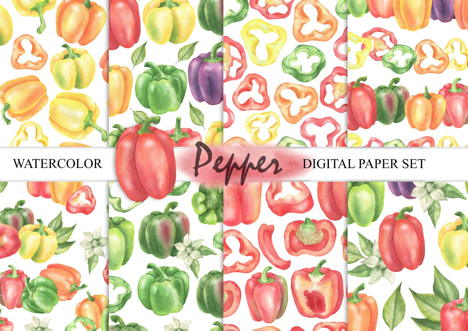 Watercolor Pepper Digital Paper, Seamless Kitchen Vegetable Pattern ...