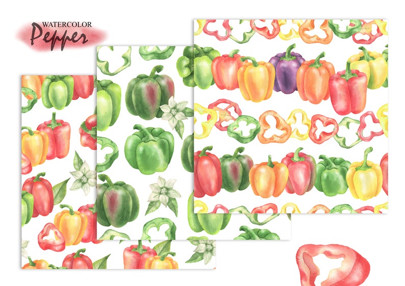 Watercolor Pepper Digital Paper, Kitchen Vegetable Peppers Digital ...
