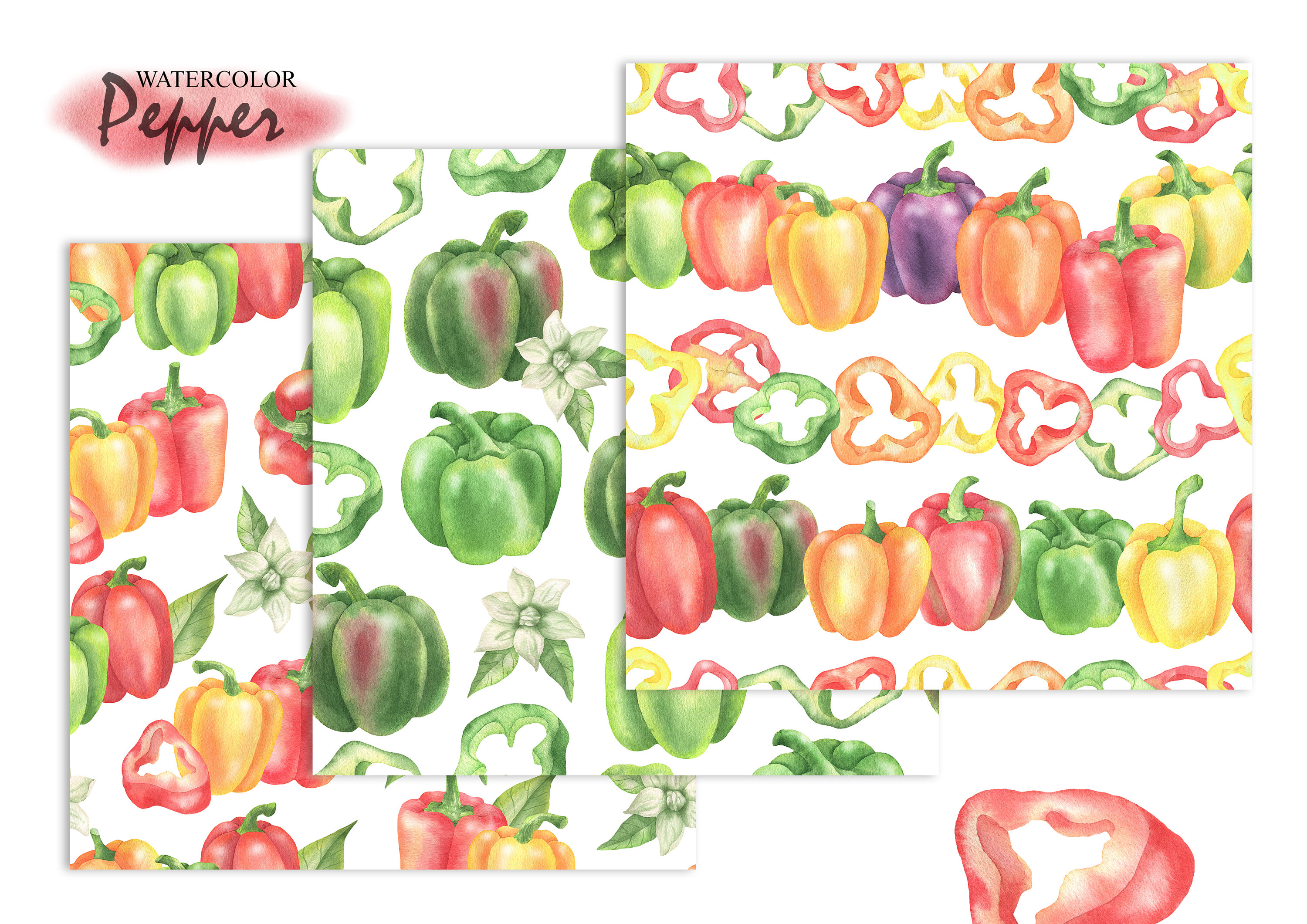 Watercolor Pepper Digital Paper, Seamless Kitchen Vegetable Pattern ...