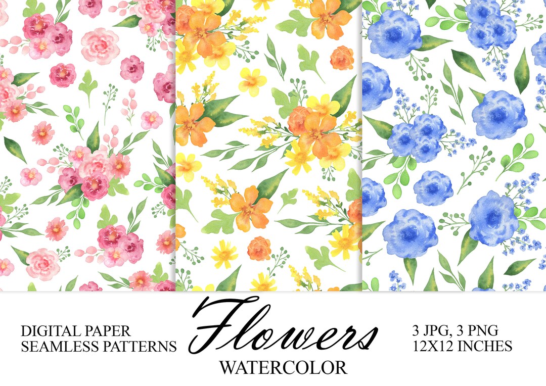 Flower Digital Paper Pack, Watercolor Seamless Patterns of Flowers ...