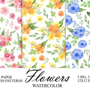 Flower Digital Paper Pack, Watercolor Seamless Patterns of Flowers ...
