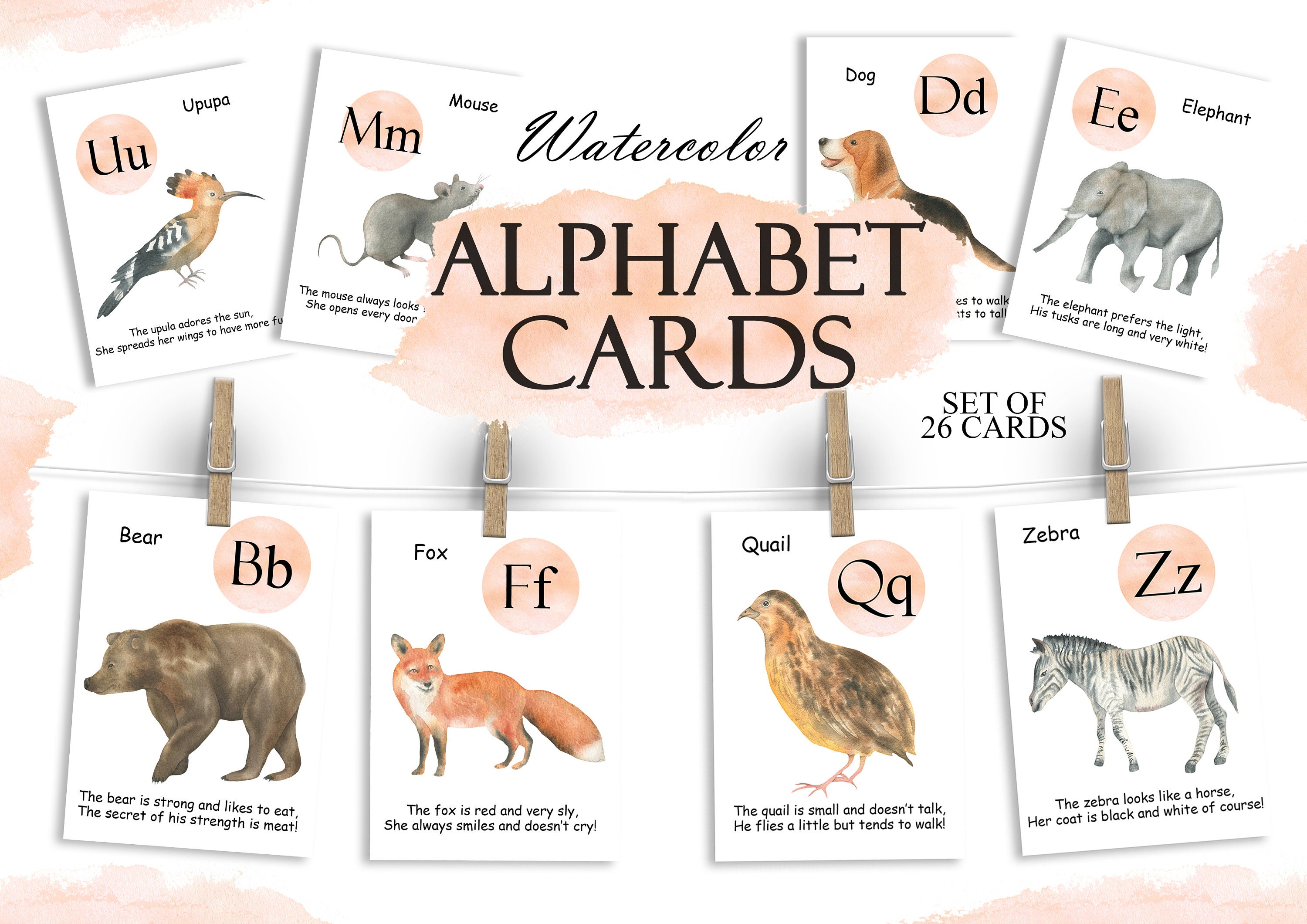 Watercolor Animal Alphabet ABC Card, Learning Letters, Printable ...