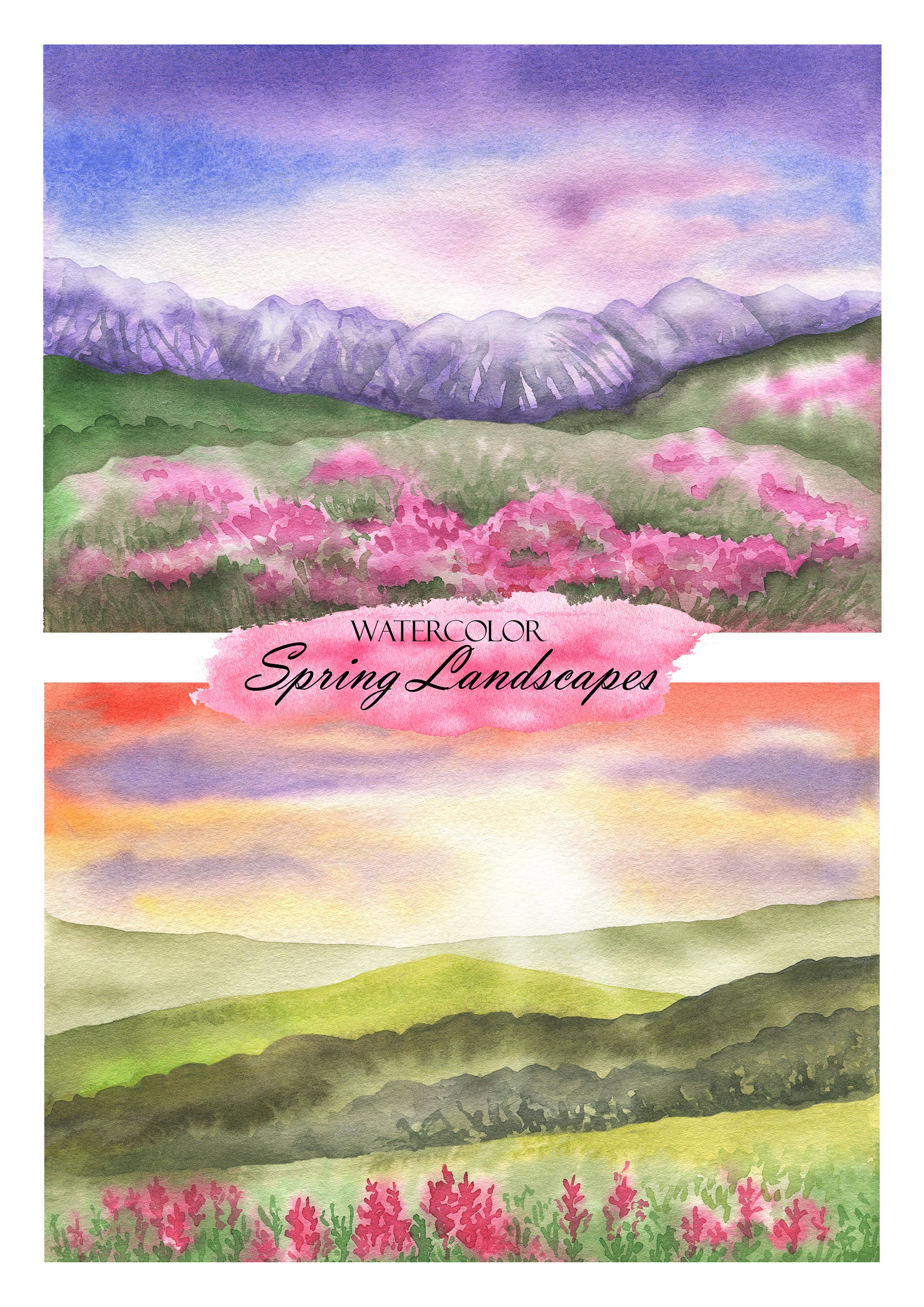 Watercolor Spring Summer Landscape Clipart, Spring Mountains Clip Art ...