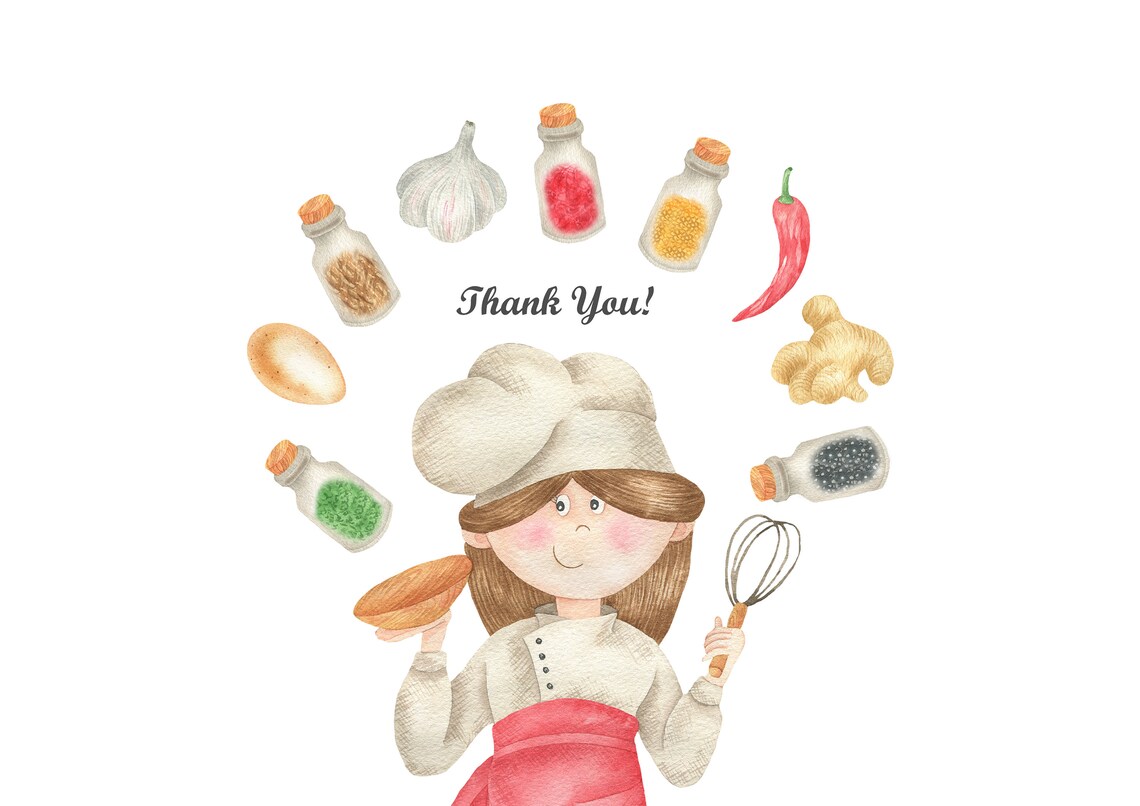 Kitchen Utensils and Chef Watercolor Clipart, Kitchen Wood Tools, Herbs ...