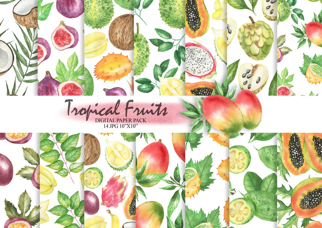 Watercolor Fruits Digital Paper, Summer Tropical Fruits Seamless ...