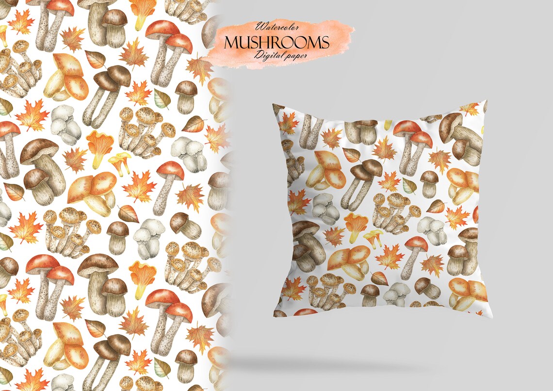 Watercolor Mushroom Digital Paper, Mushrooms Seamless Pattern, Forest ...