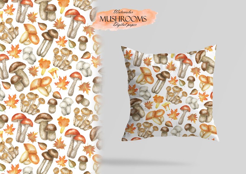 Watercolor Mushroom Digital Paper, Mushrooms Seamless Pattern, Forest ...
