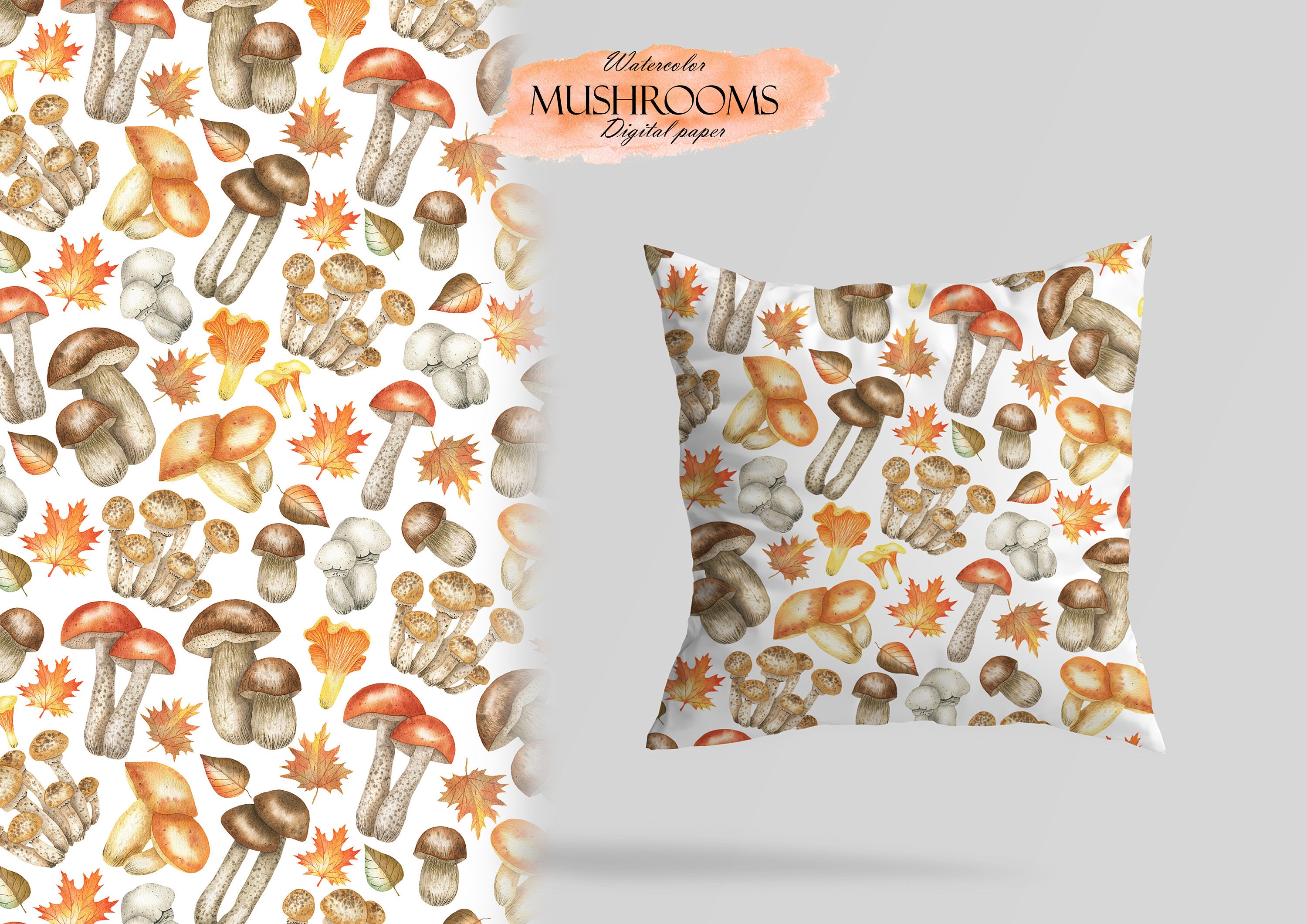 Watercolor Mushroom Digital Paper, Mushrooms Seamless Pattern, Forest ...