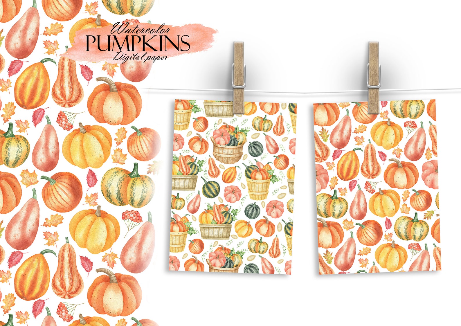 Watercolor Pumpkin Digital Paper, Pumpkins Seamless Pattern, Pumpkin ...