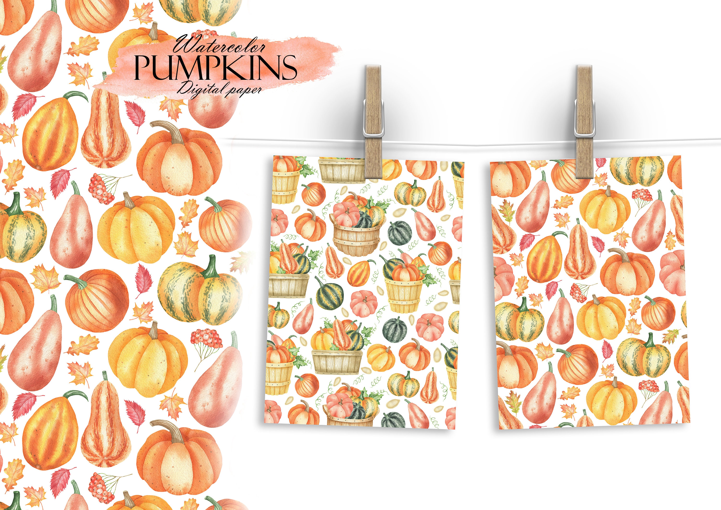 Watercolor Pumpkin Digital Paper, Pumpkins Seamless Pattern, Pumpkin ...