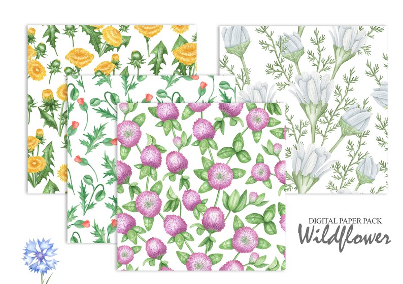 Wildflower Floral Digital Paper Pack, Watercolor Seamless Patterns of ...