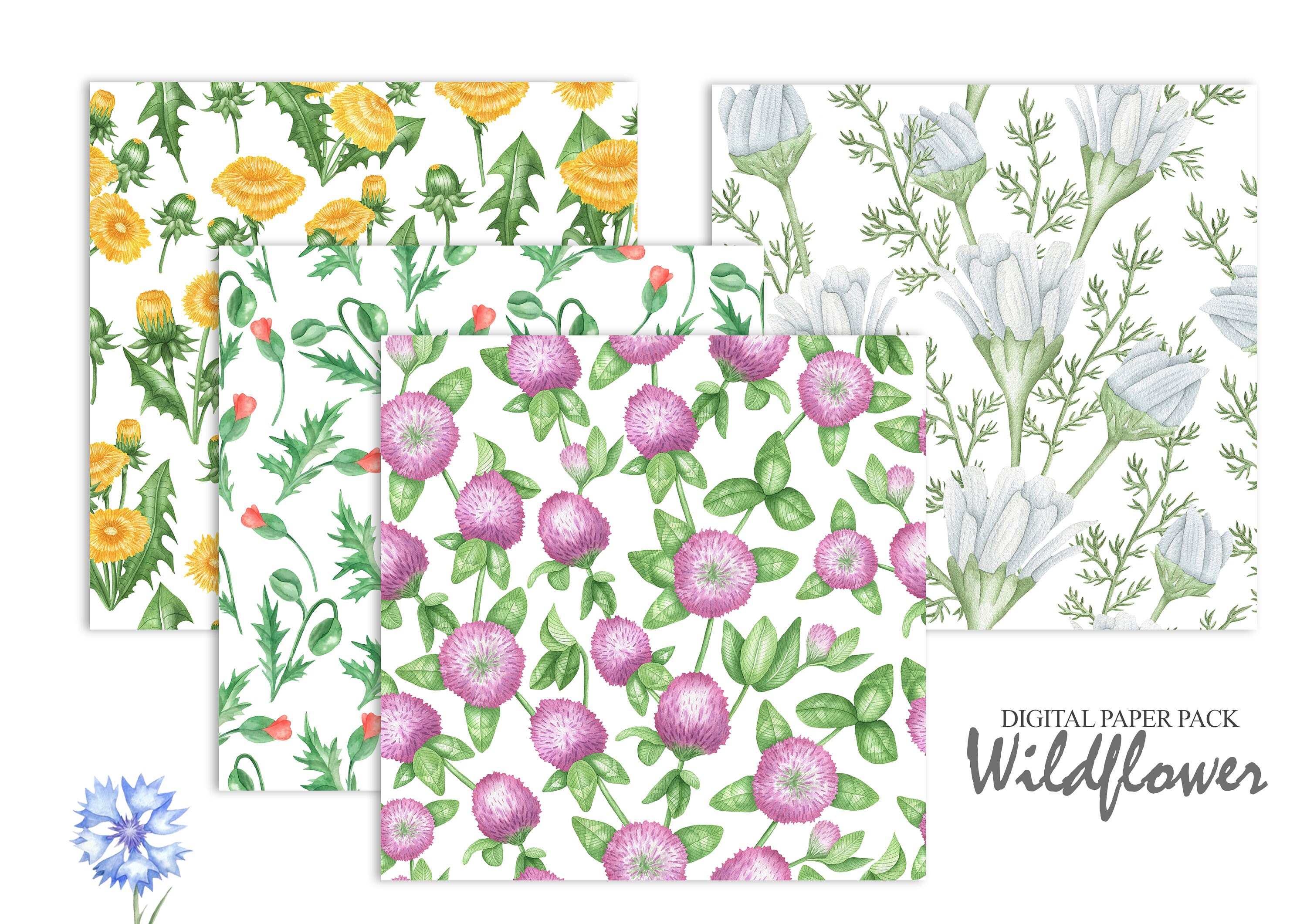 Wildflower Floral Digital Paper Pack, Watercolor Seamless Patterns of ...