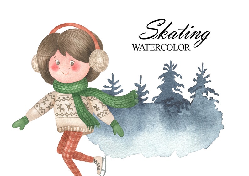 Watercolor Ice Skating Clipart, Ice Skaters Characters Clipart, Winter ...