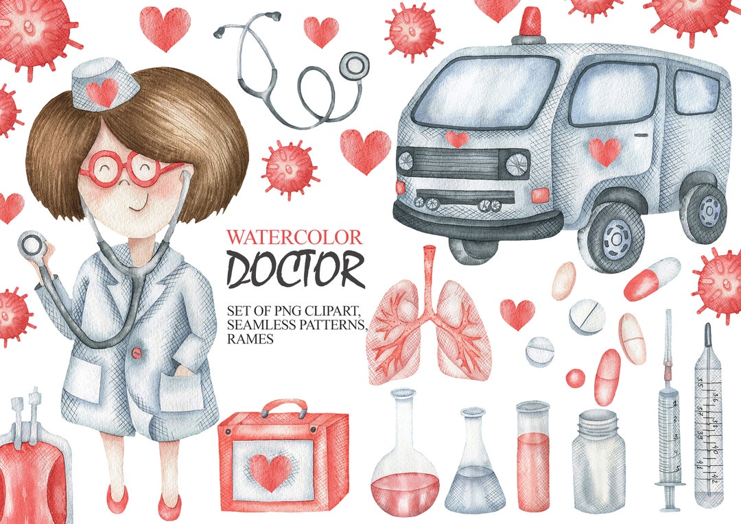 Watercolor Medical Clipart, Doctor Clip Art, Ambulance, Quarantine ...