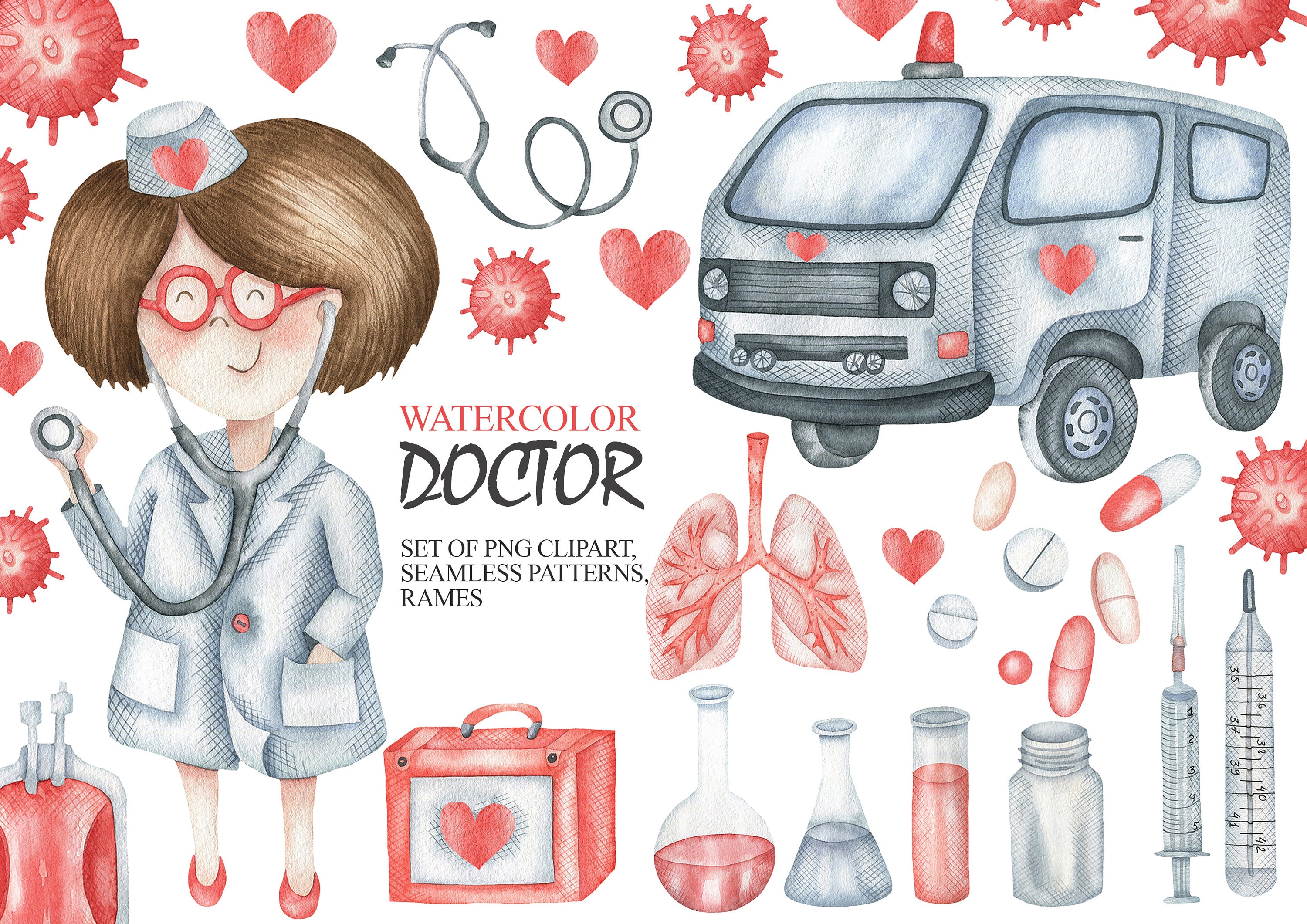 Watercolor Medical Clipart, Doctor Clip Art, Ambulance, Quarantine ...