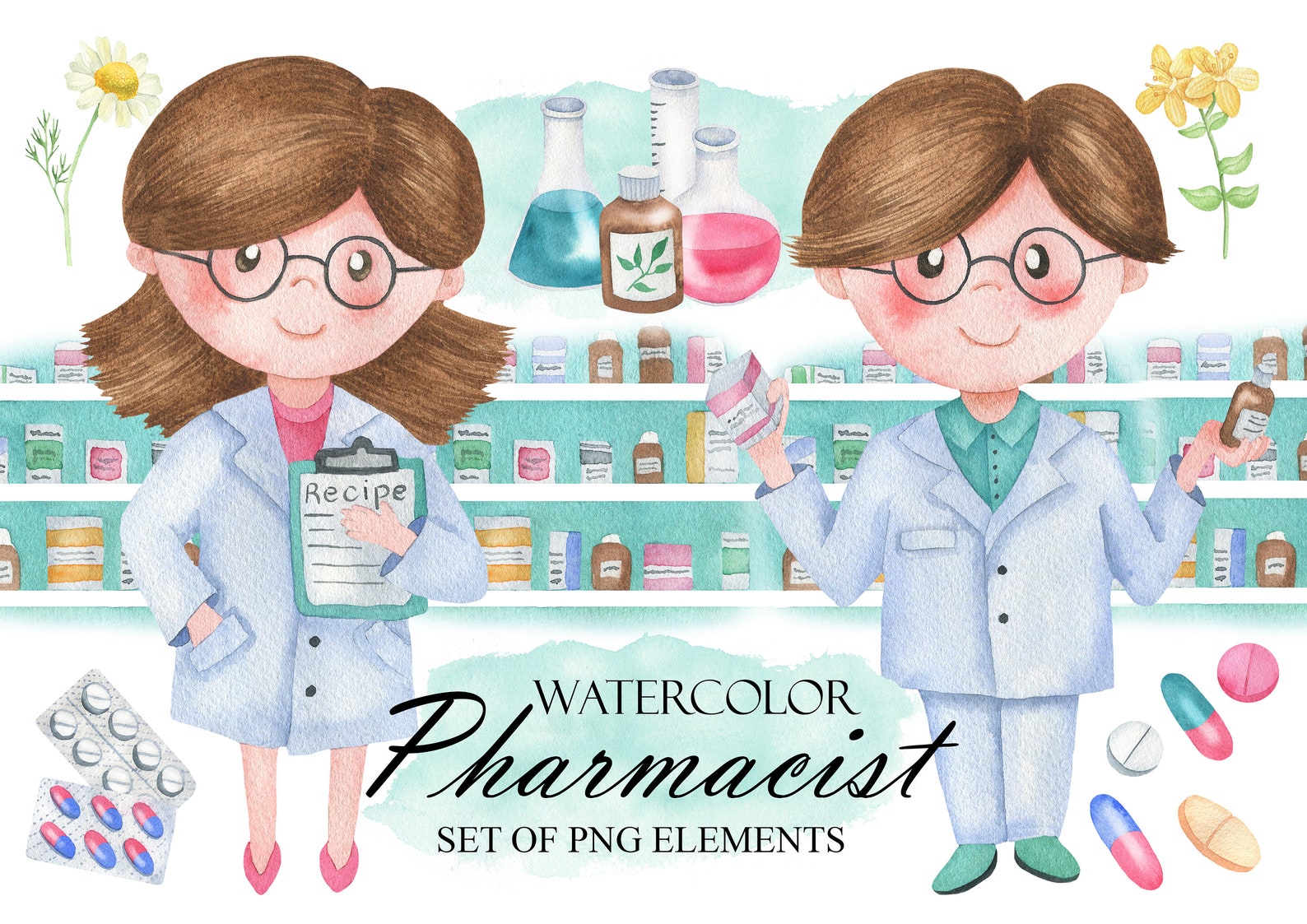Watercolor Pharmacist Clip Art, Pharmacy Clipart, Medical Clipart, Pill ...
