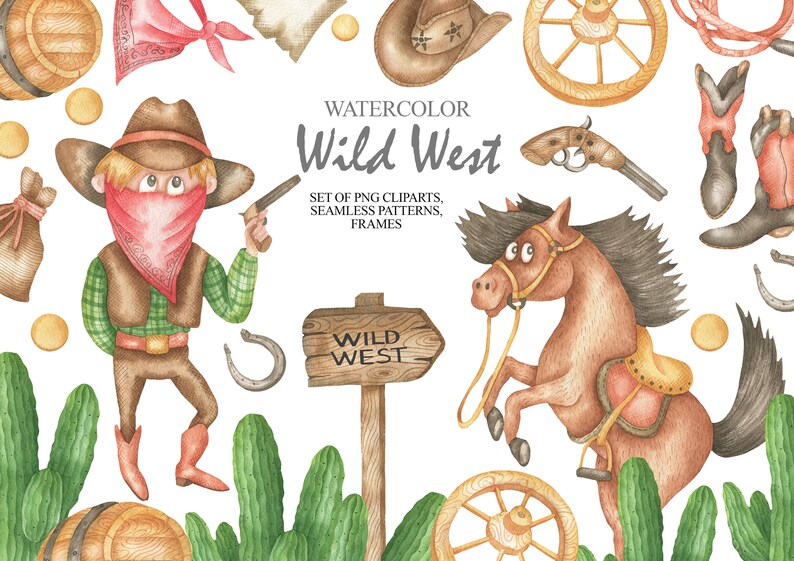 Watercolor Western Clipart Cowboy Clip Art Wild West Horse | Etsy