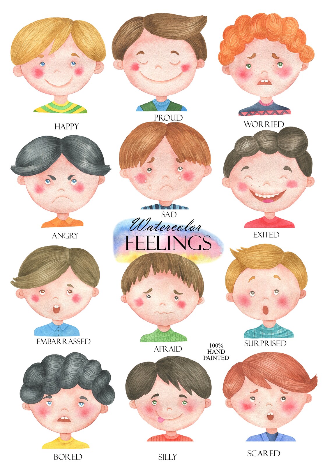 Watercolor Emotions Clipart, Feelings Clip Art, Boy Faces, Montessori ...