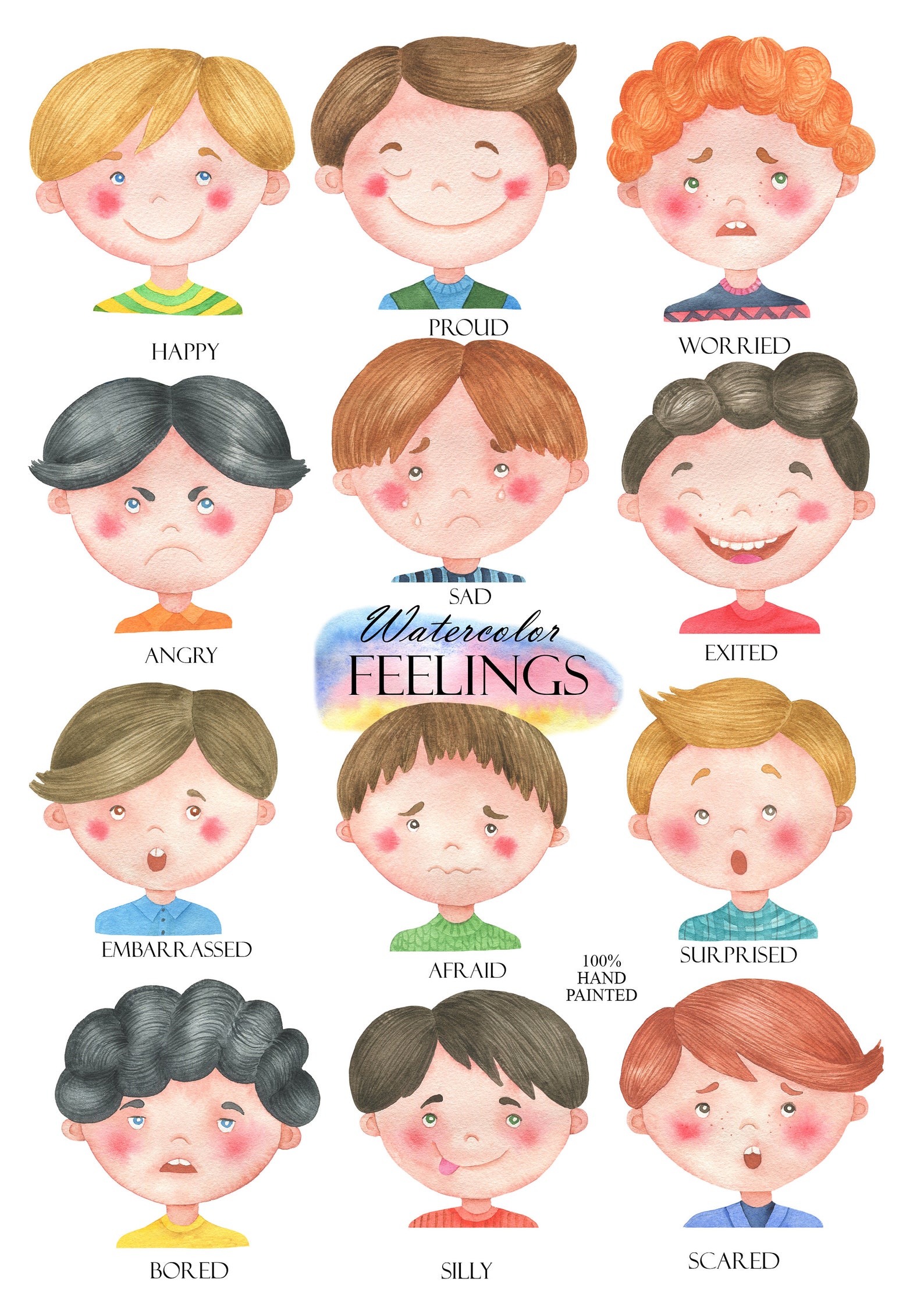 Watercolor Emotions Clipart, Feelings Clip Art, Boy Faces, Montessori ...