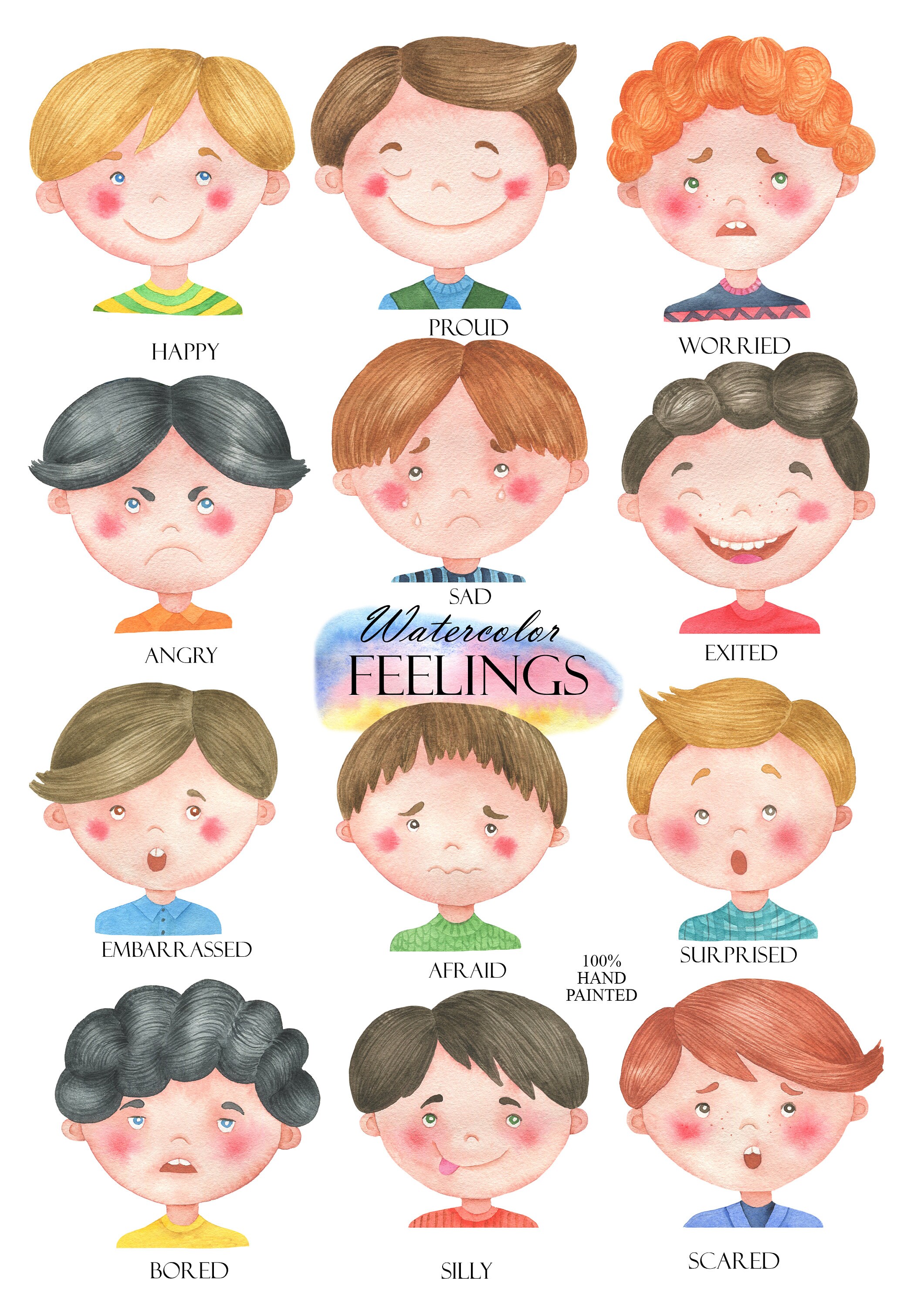 Watercolor Emotions Clipart, Feelings Clip Art, Boy Faces, Montessori ...